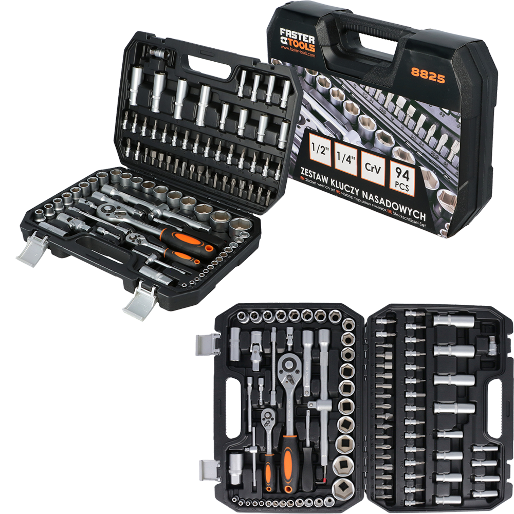 FASTER TOOLS 8825 zestaw kluczy nasadowych 94 elementów 1/2" & 1/4" CR-V | Elektrovip.pl